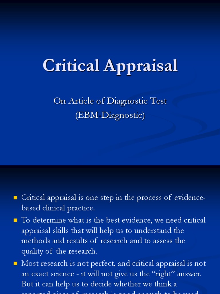 Critical Appraisal: On Article of Diagnostic Test (EBM-Diagnostic ...