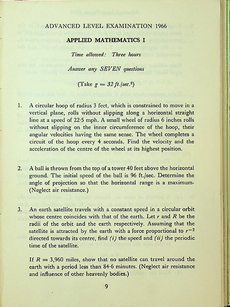 1966 AL Applied Mathematics Paper 1, 2 | PDF