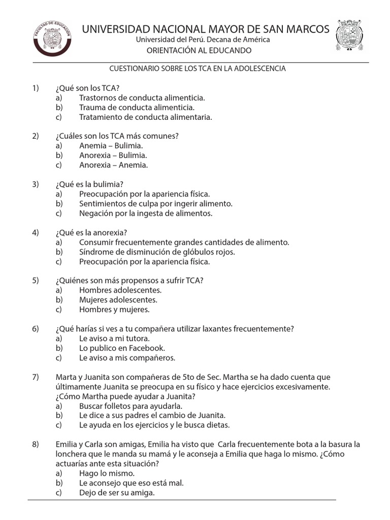 Cuestionario Sobre Los Tca en La Adolescencia | PDF | Bulimia nerviosa ...