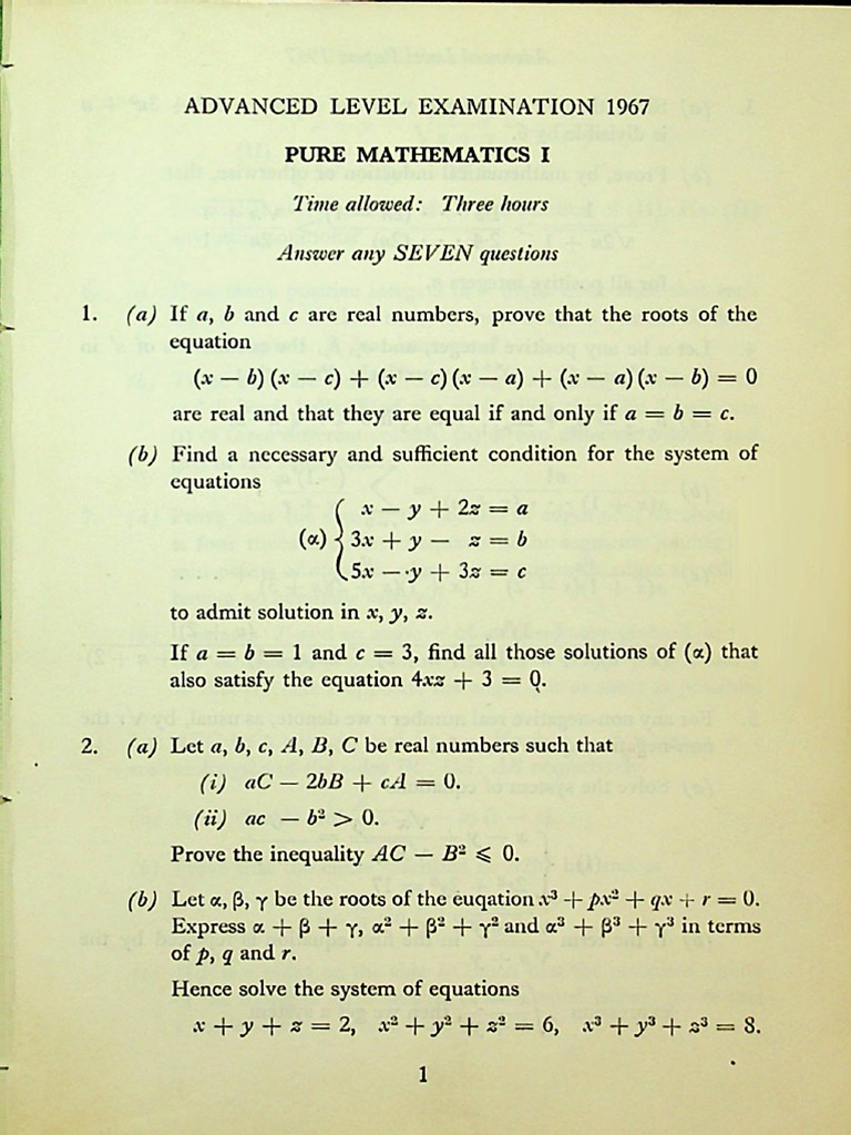 1967 AL Pure Mathematics Paper 1, 2 | PDF 1967 AL Pure Mathematics Paper 1, 2 | PDF