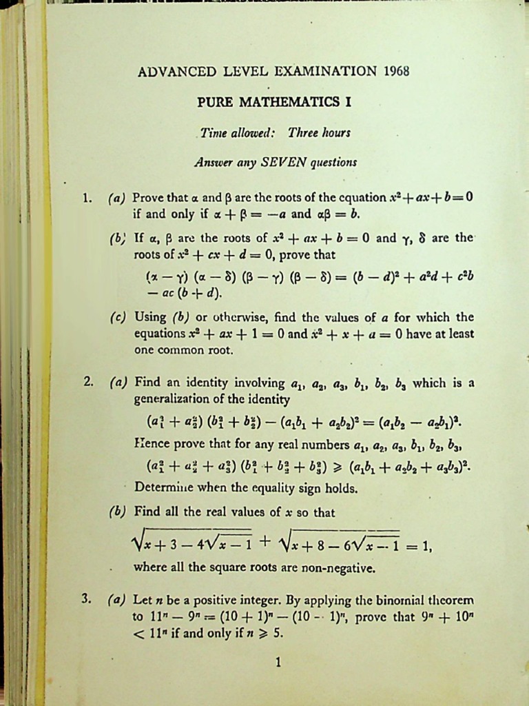1968 AL Pure Mathematics Paper 1, 2 | PDF 1968 AL Pure Mathematics Paper 1, 2 | PDF