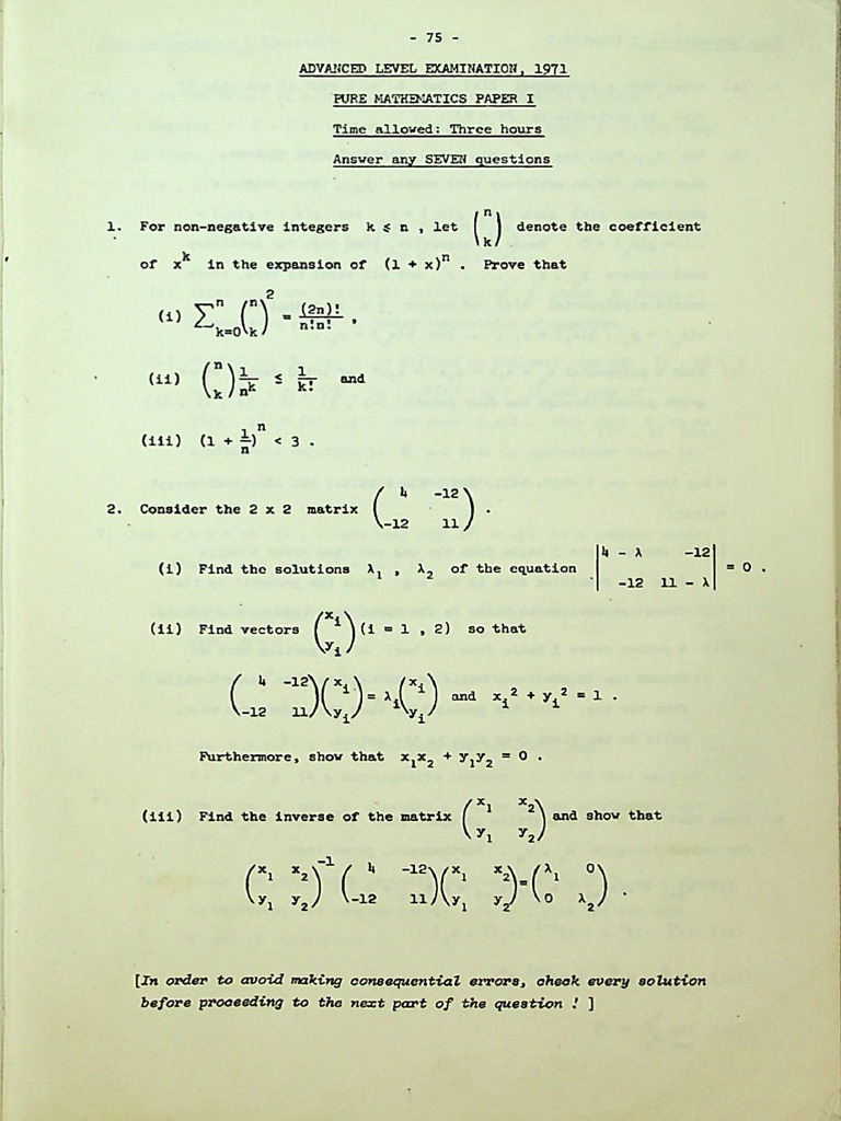 1971 AL Pure Mathematics Paper 1, 2 | PDF 1971 AL Pure Mathematics Paper 1, 2 | PDF