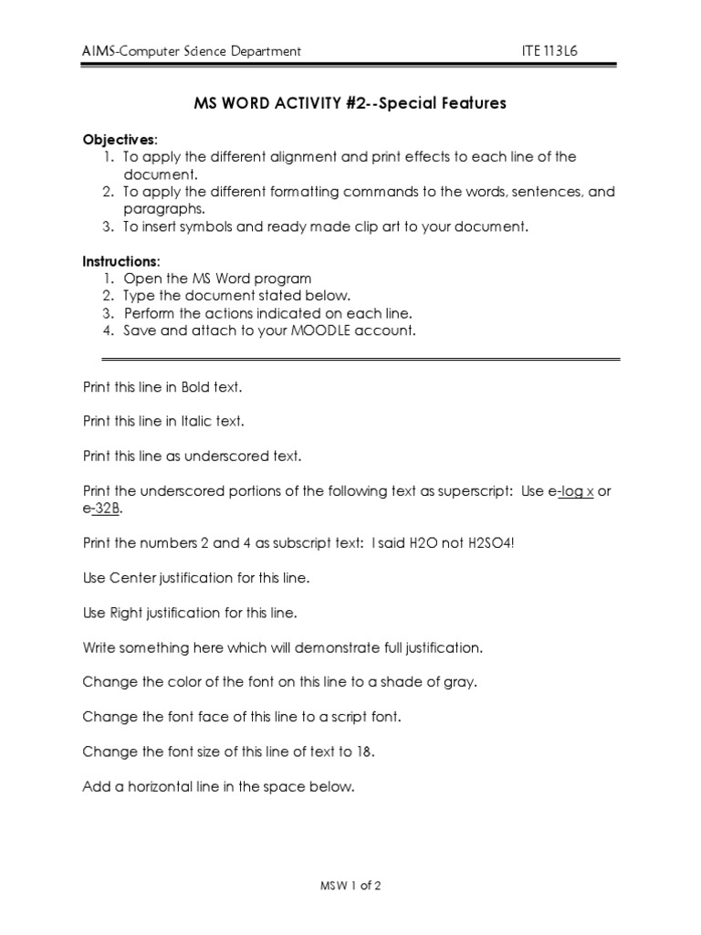 MS WORD ACTIVITY #2 - Special Features: Objectives | PDF