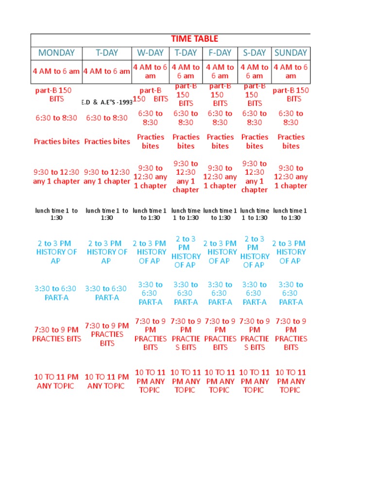Monday T-Day W-Day T-Day F-Day S-Day Sunday: Time Table | PDF