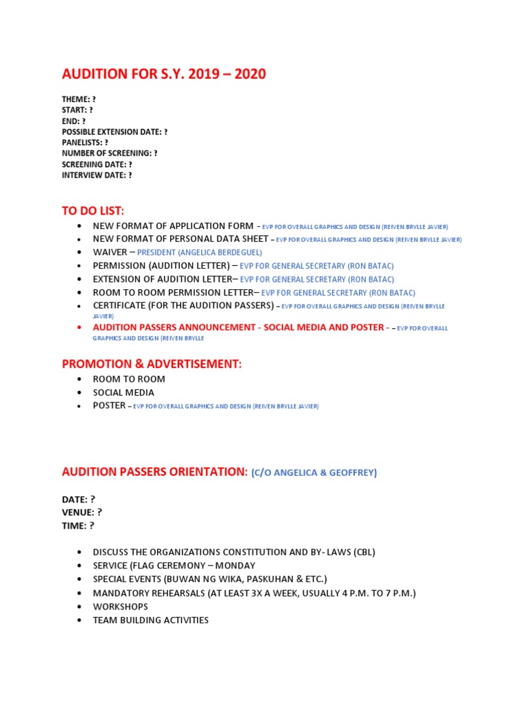 Planning Document for CVSU Chorale Auditions and New Member Orientation ...