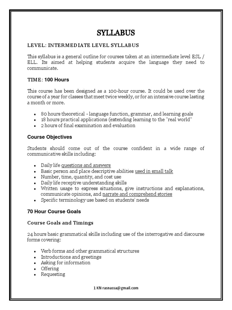 Intermediate ESL Course Syllabus | PDF | Reading Comprehension ...