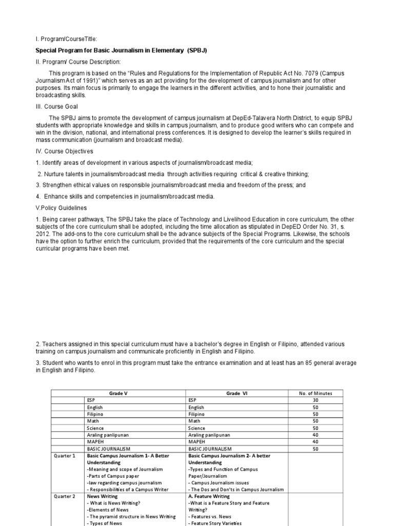 Special Program For Basic Journalism in Elementary (SPBJ) | PDF ...