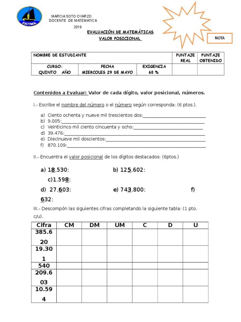 Evaluación de Valor Posicional 5to Básico | PDF