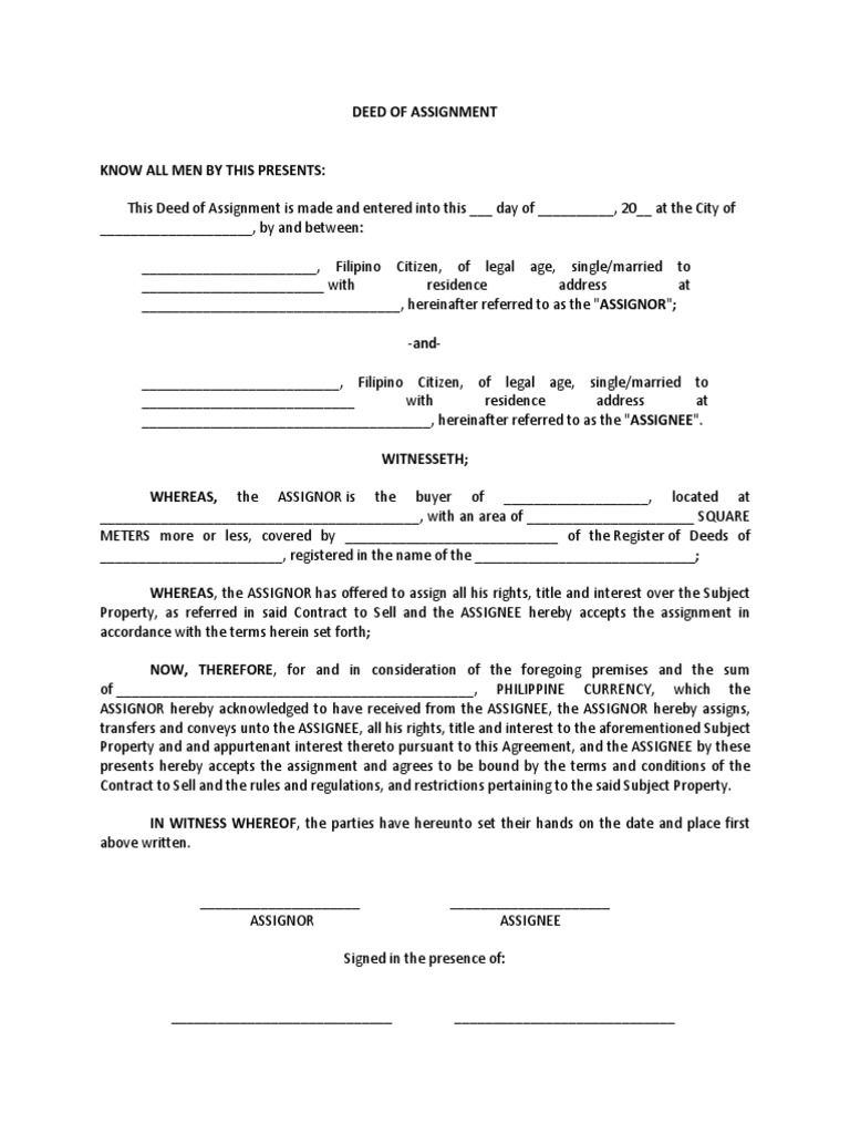 Deed of Assignment Template | PDF | Assignment (Law) | Deed