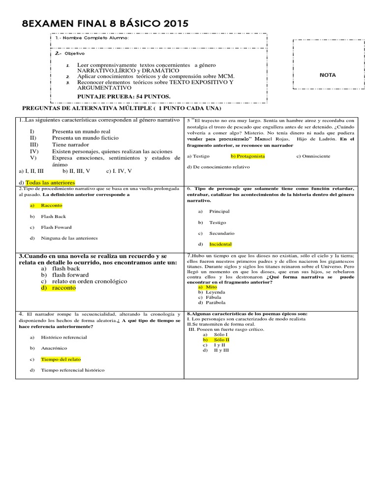 Examen Final 8 Básico Con Solucionario 2015 | PDF | Narración | Narrativa
