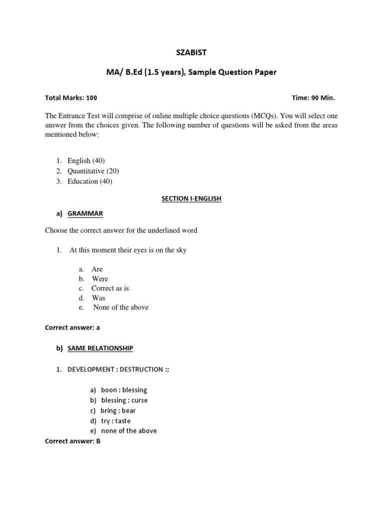 Szabist MA/ B.Ed (1.5 Years), Sample Question Paper: Total Marks: 100 ...