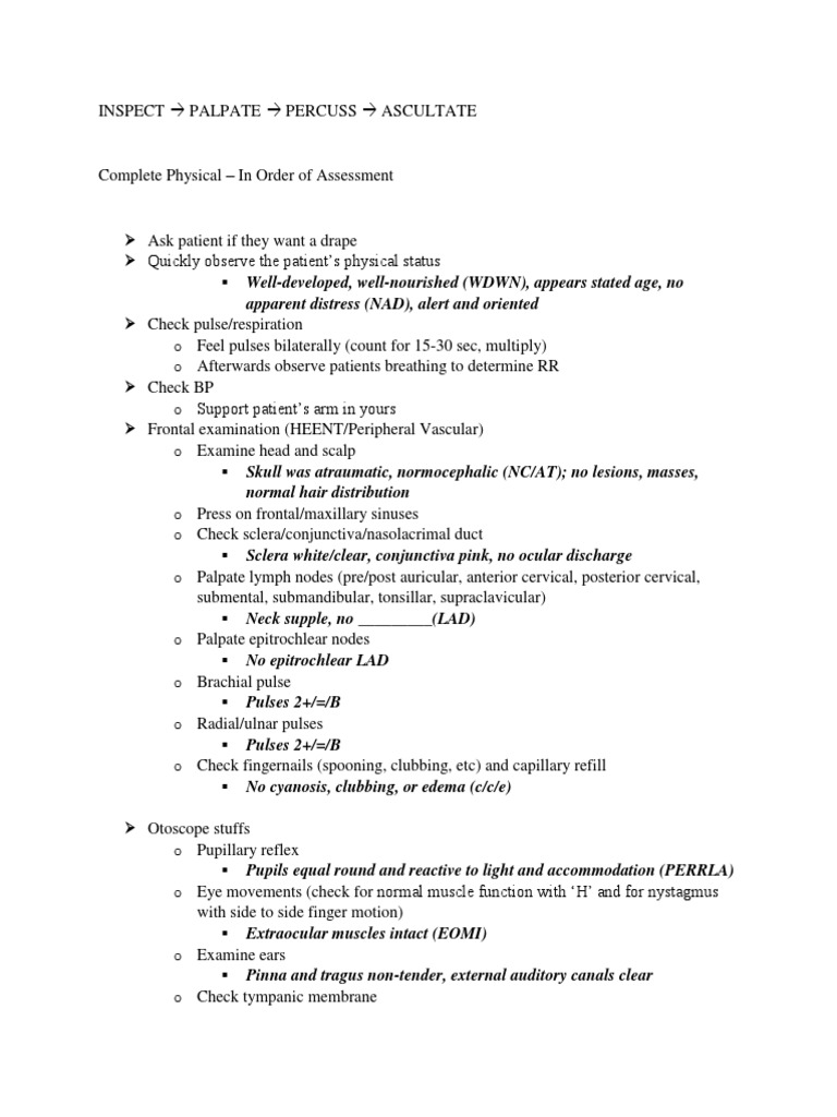 Complete Physical - in Order of Assessment | PDF | Pulse | Common ...