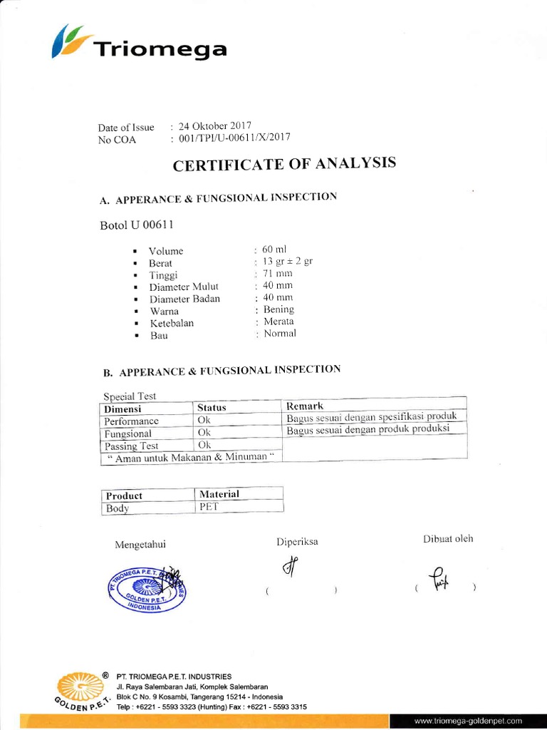 COA Kemasan Botol Plastik | PDF