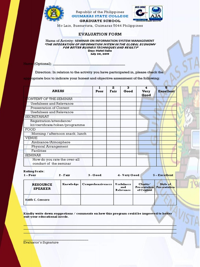 Evaluation Form: Republic of The Philippines | PDF