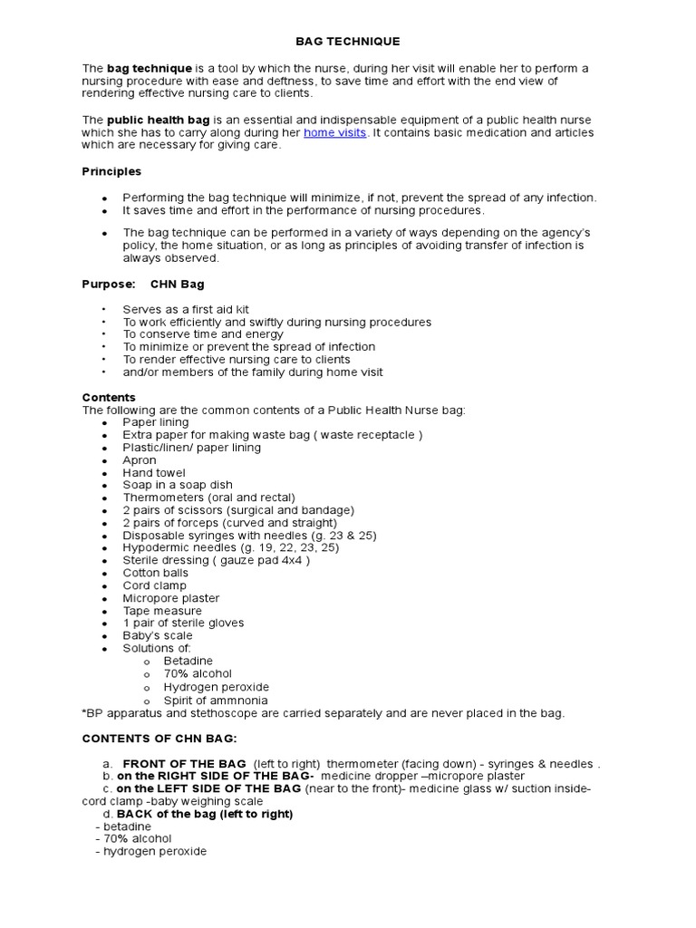 Bag Technique: Home Visits | PDF | Hand Washing | Health Care