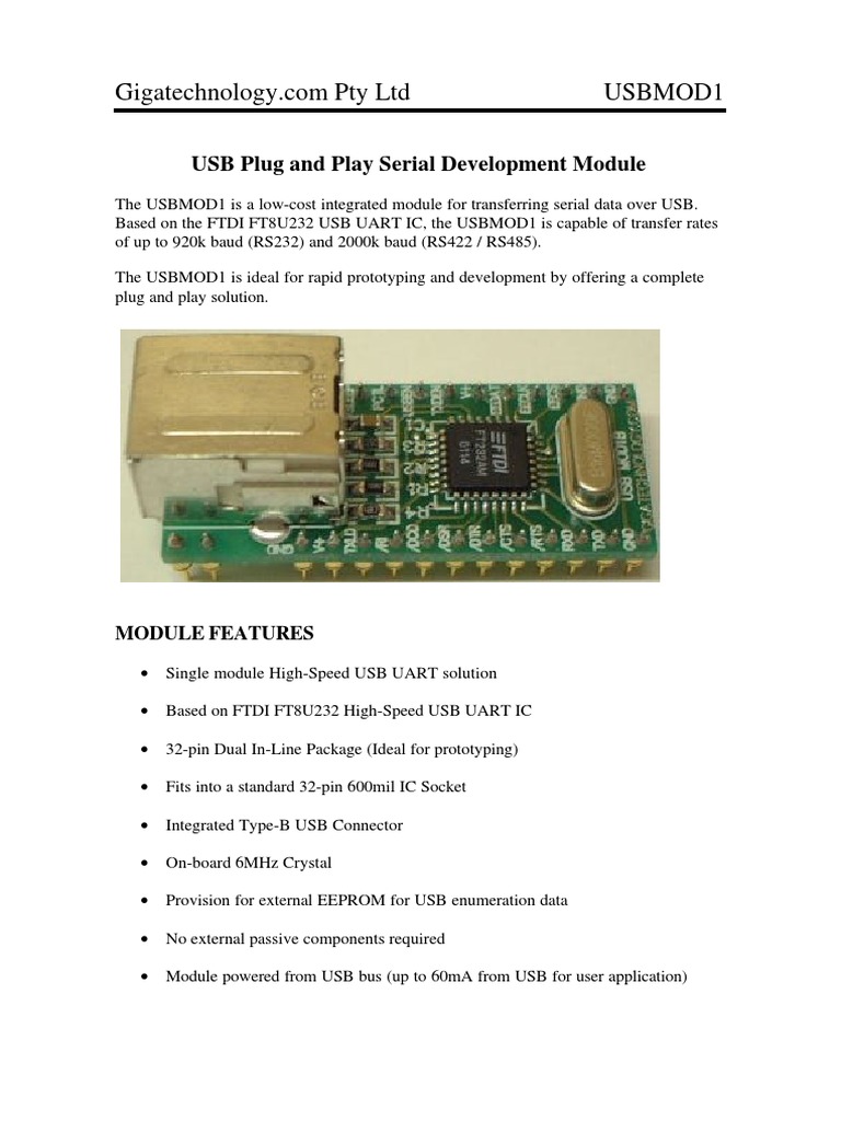 Usbmod1: USB Plug and Play Serial Development Module | PDF | Usb ...