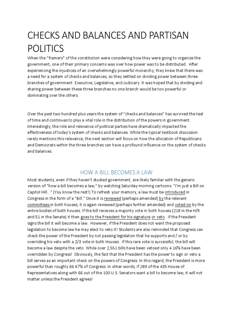Checks and Balances and Partisan Politics: How A Bill Becomes A Law ...