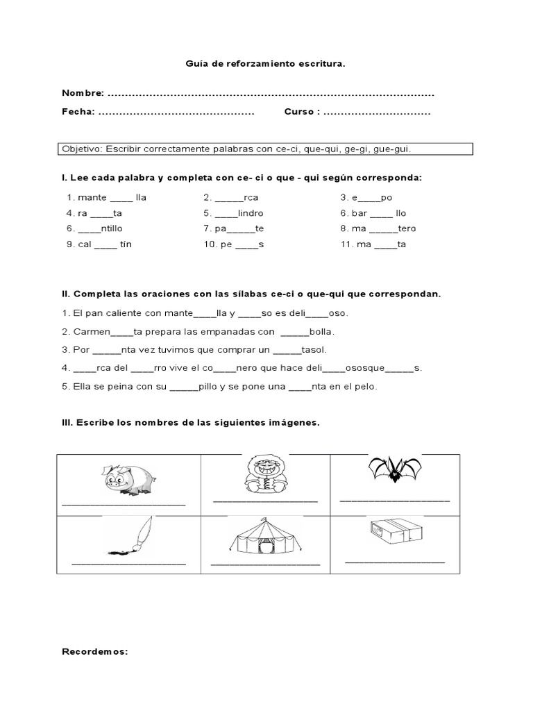Escritura Ce Ci Que Qui Ge Gi Gue Gui Reparado | PDF