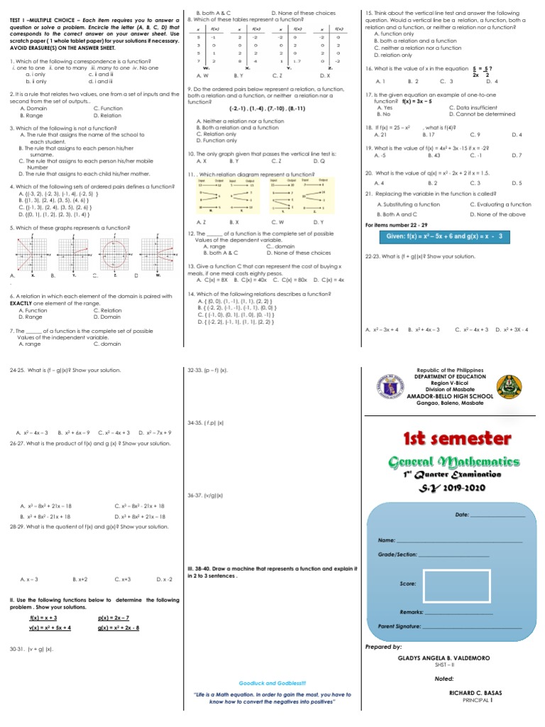 Gen Math 1ST Quarter Exam | PDF | Function (Mathematics) | Mathematical Logic