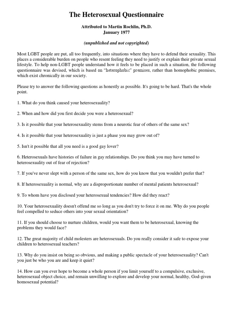 The Heterosexual Questionnaire: Attributed To Martin Rochlin, Ph.D ...