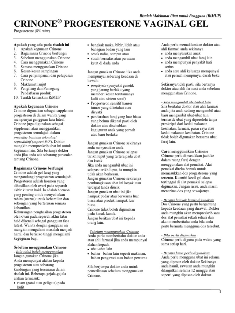 Crinone Progesterone Vaginal Gel Progesterone MERCK SDN BHD 1jul2017 BM ...