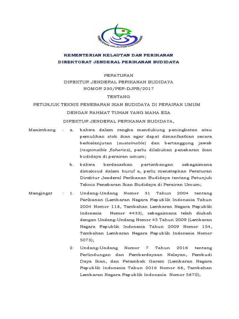 SK Dirjen No 230 TH 2017 TTG Juknis Penebaran Ikan Di Perairan Umum | PDF