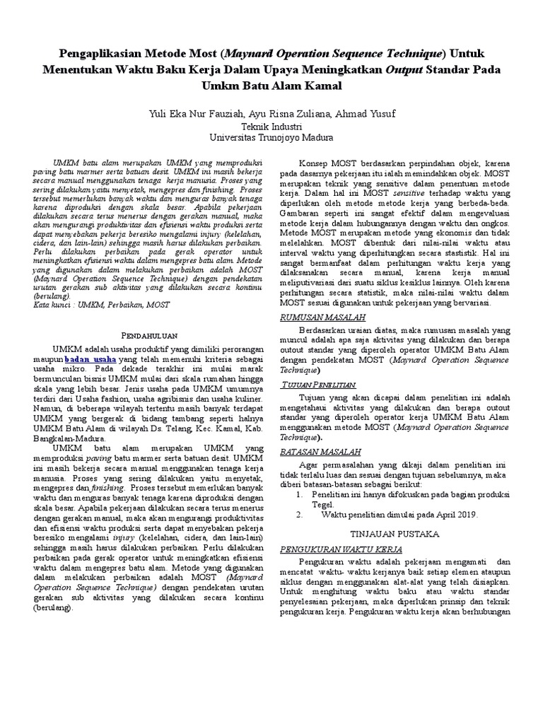 Pengaplikasian Metode MOST (Maynard Operation Sequence Technique) | PDF