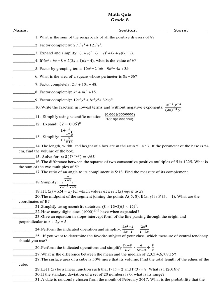 Math Quiz Grade 8 | PDF | Elementary Mathematics | Mathematical Concepts