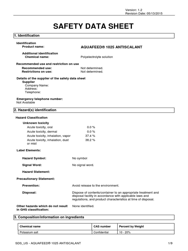 Safety Data Sheet: Aquafeed® 1025 Antiscalant | PDF | Personal Protective Equipment | Toxicity