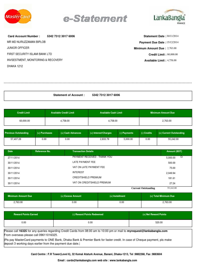 Card Account Number: Statement Date: 5342 7312 3017 6006 Payment Due ...