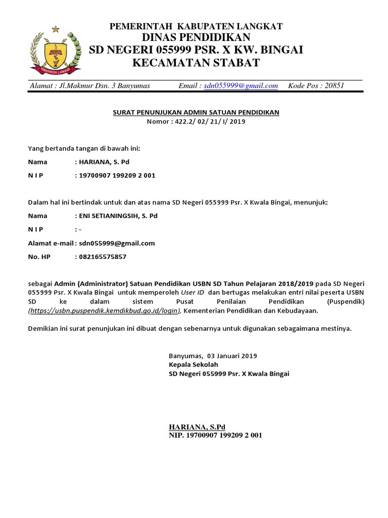 Contoh Surat Penunjukan Admin USBN | PDF