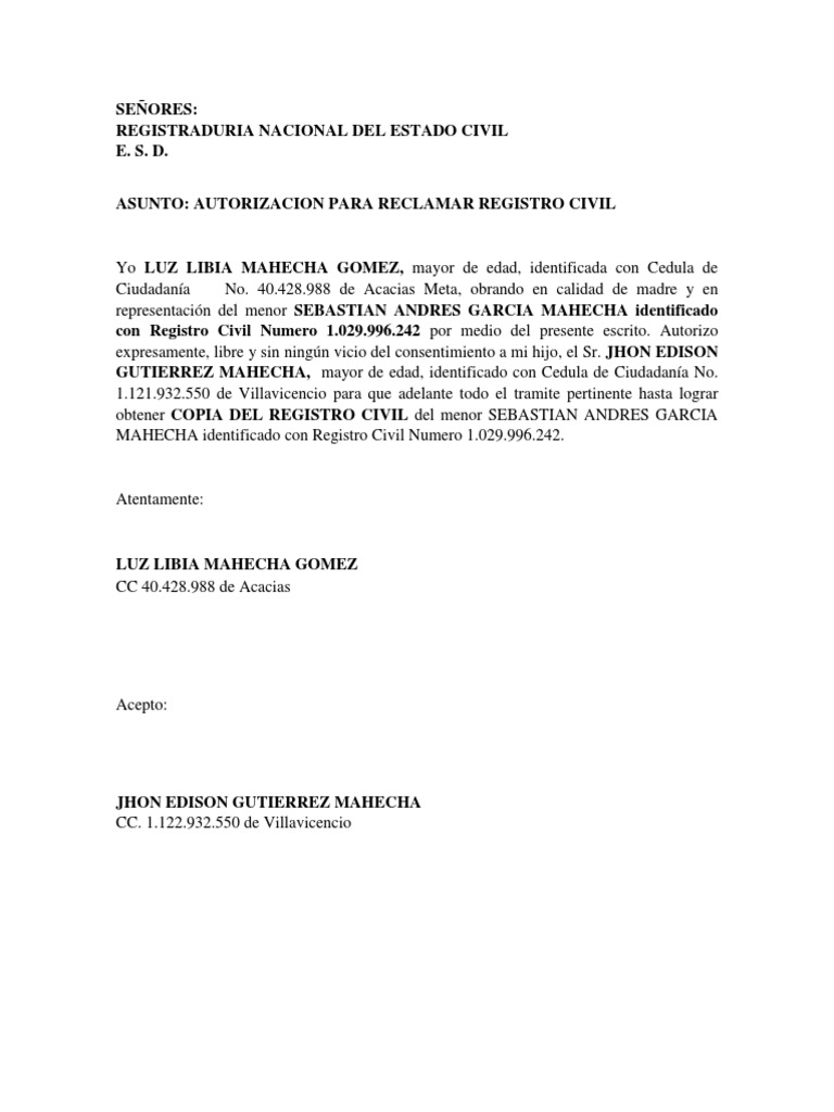 Autorizacion Reclamar Registro Civil | PDF
