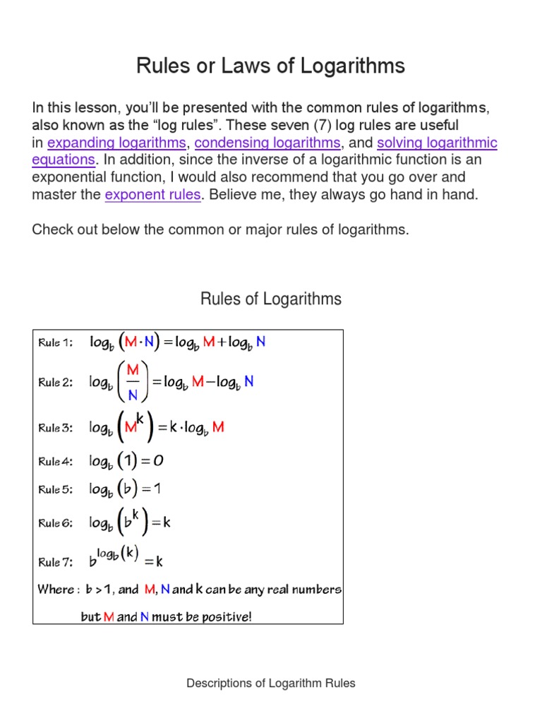 Rules of Logarithms Explained | PDF | Logarithm | Exponentiation