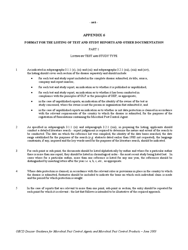 Appendix 6: Format For The Listing of Test and Study Reports and Other ...