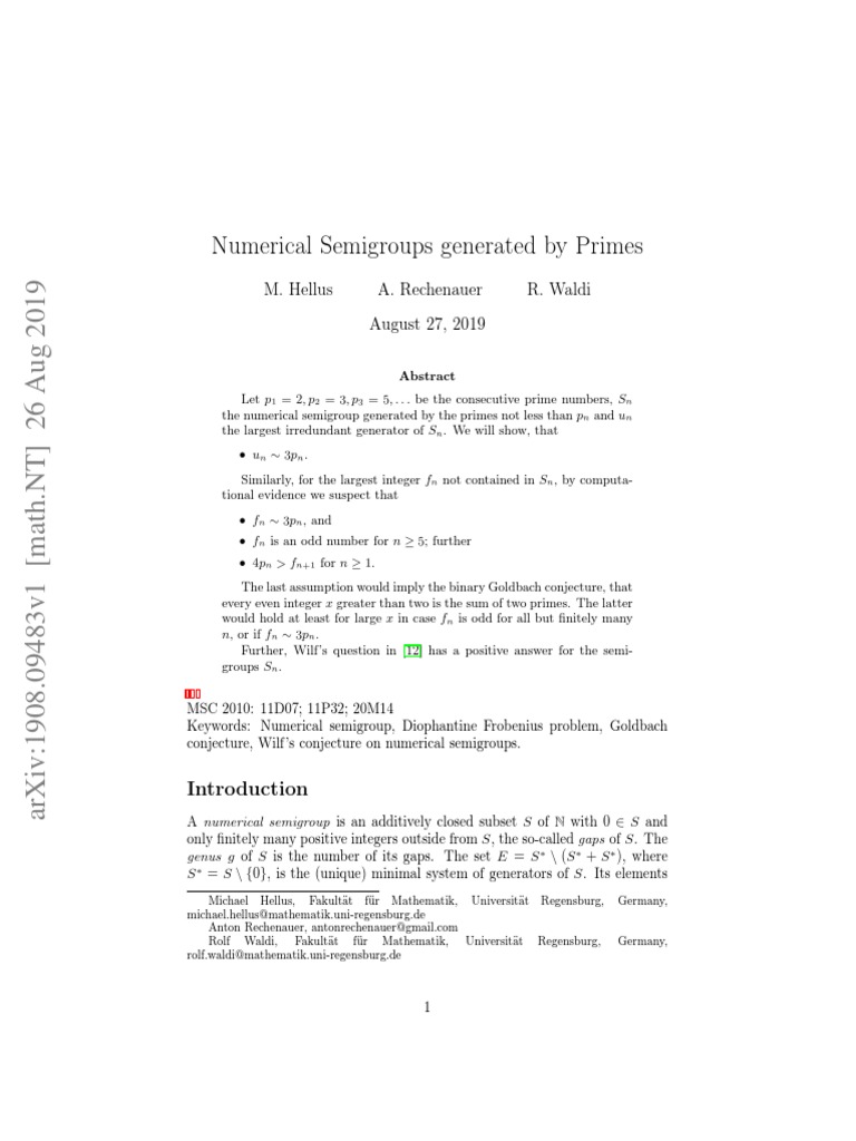 Numerical Semigroups Generated by Primes: M. Hellus A. Rechenauer R. Waldi August 27, 2019 | PDF ...