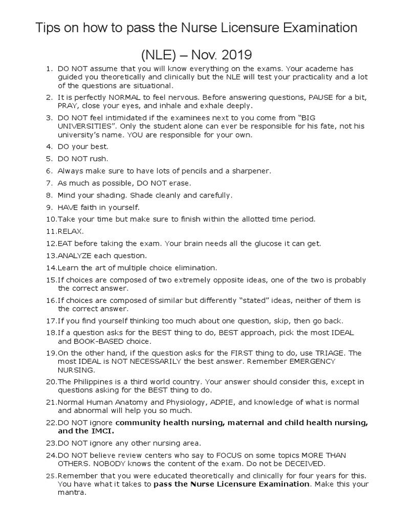 Tips On How To Pass The NLE 2019 | PDF | Nursing | Question