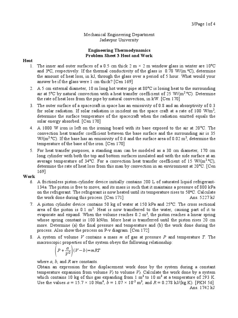 Problem Sheet 3 Heat, Work and The First Law of Thermodynamics PDF ...