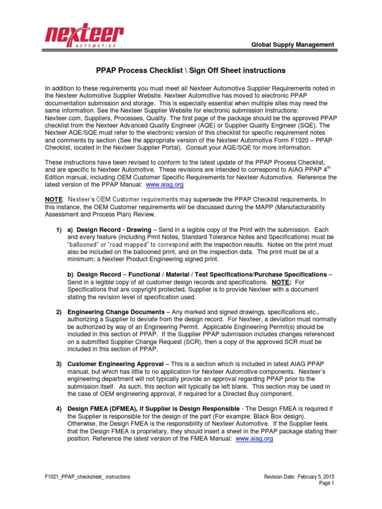 PPAP Process Checklist / Sign Off Sheet Instructions | Download Free ...