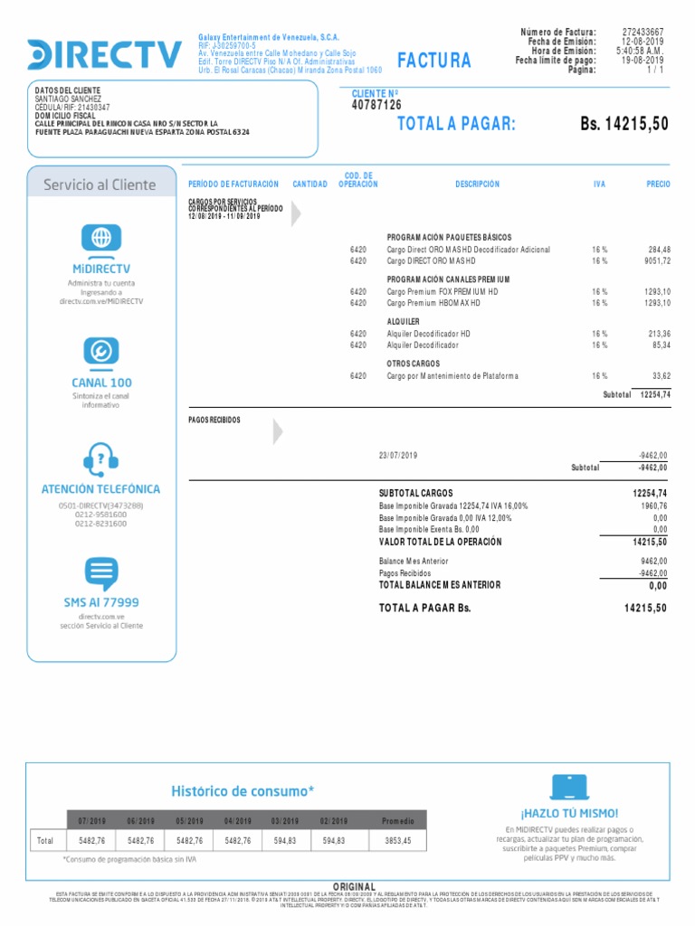 Factura Directv | PDF | Direc Tv | Televisión