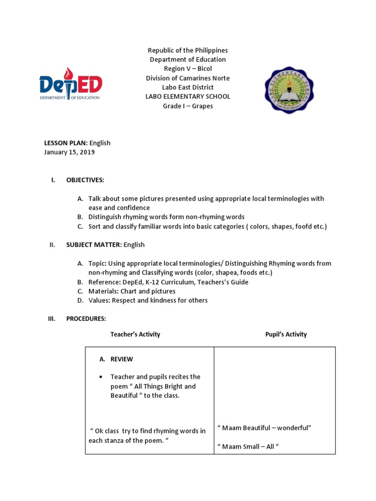 LESSON PLAN: English: Iii. Procedures: Teacher's Activity Pupil's ...
