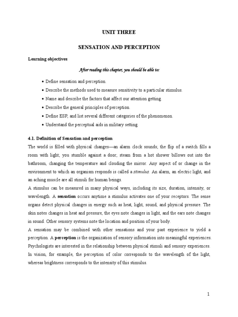 Unit Three Sensation and Perception: Learning Objectives | PDF | Classical Conditioning | Perception