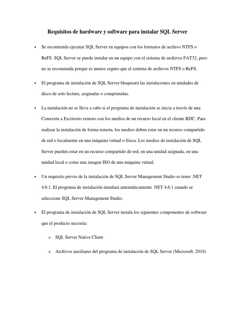 Requisitos mínimos de hardware y software para instalar SQL Server | PDF | Servidor SQL de ...