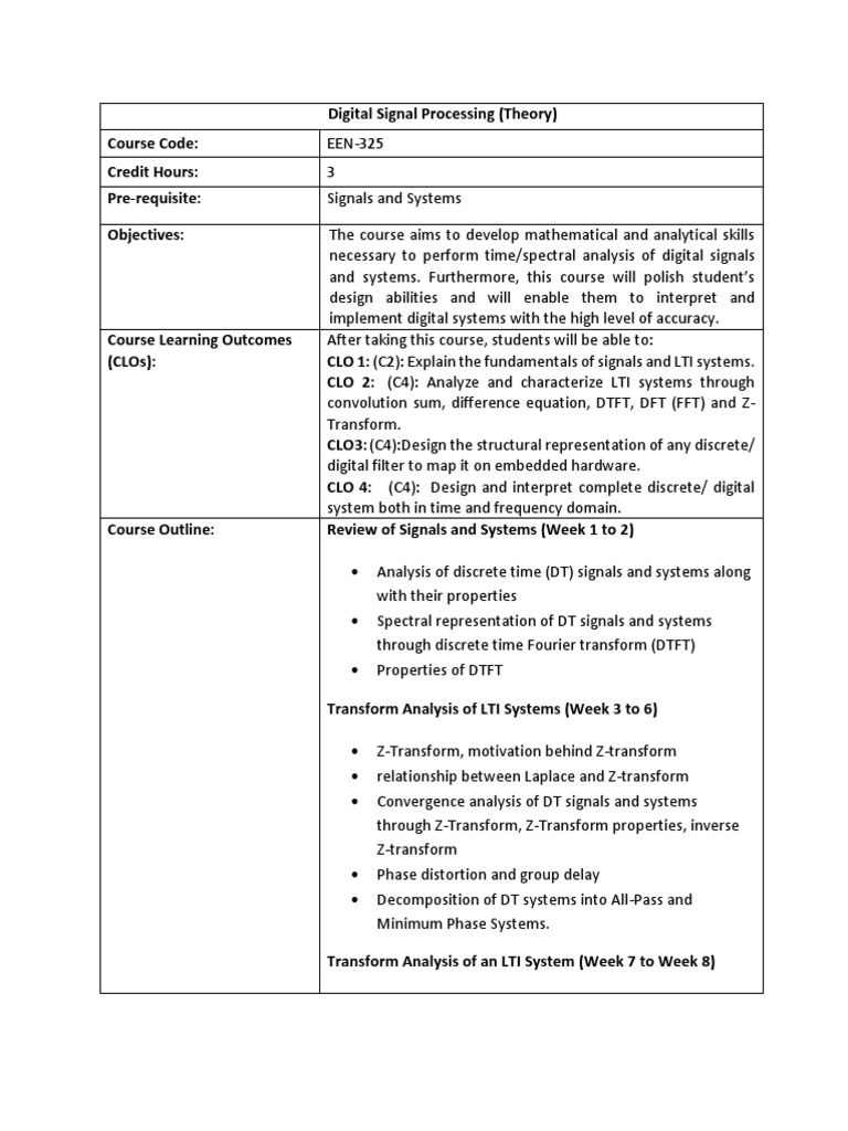 DSP Course Outline | PDF | Digital Signal Processing | Discrete Fourier Transform