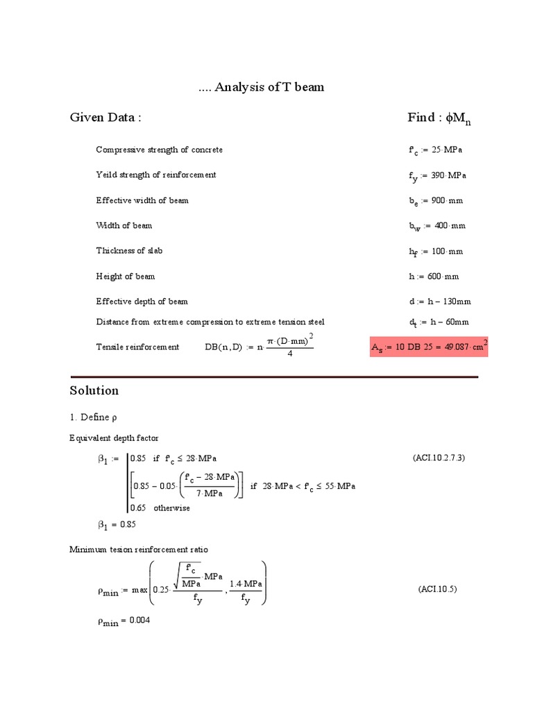 Mathcad - 06. Analysis of T Beam | PDF | Beam (Structure) | Structural ...