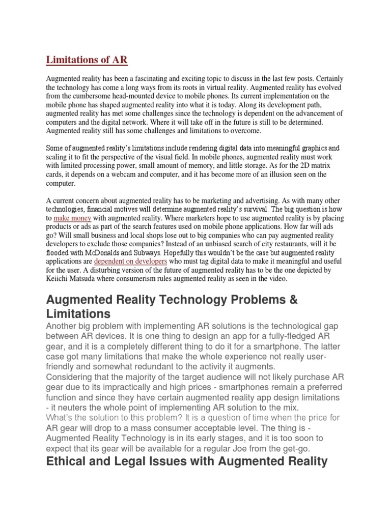 Limitations of AR | PDF | Augmented Reality | Areas Of Computer Science