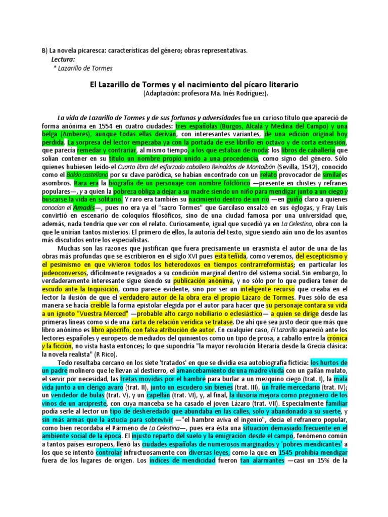 El Lazarillo de Tormes y El Nacimiento Del Pícaro Literario | PDF | Novelas
