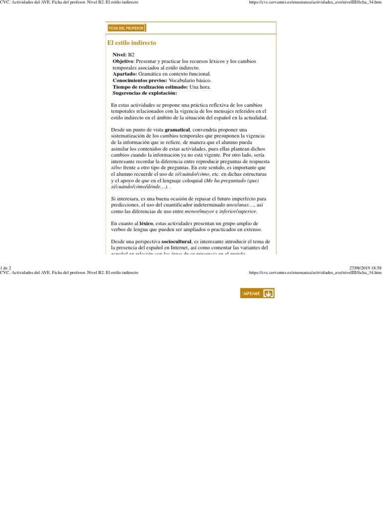 Ficha Del Profesor. Nivel B2. El Estilo Indirecto | PDF | Lengua ...