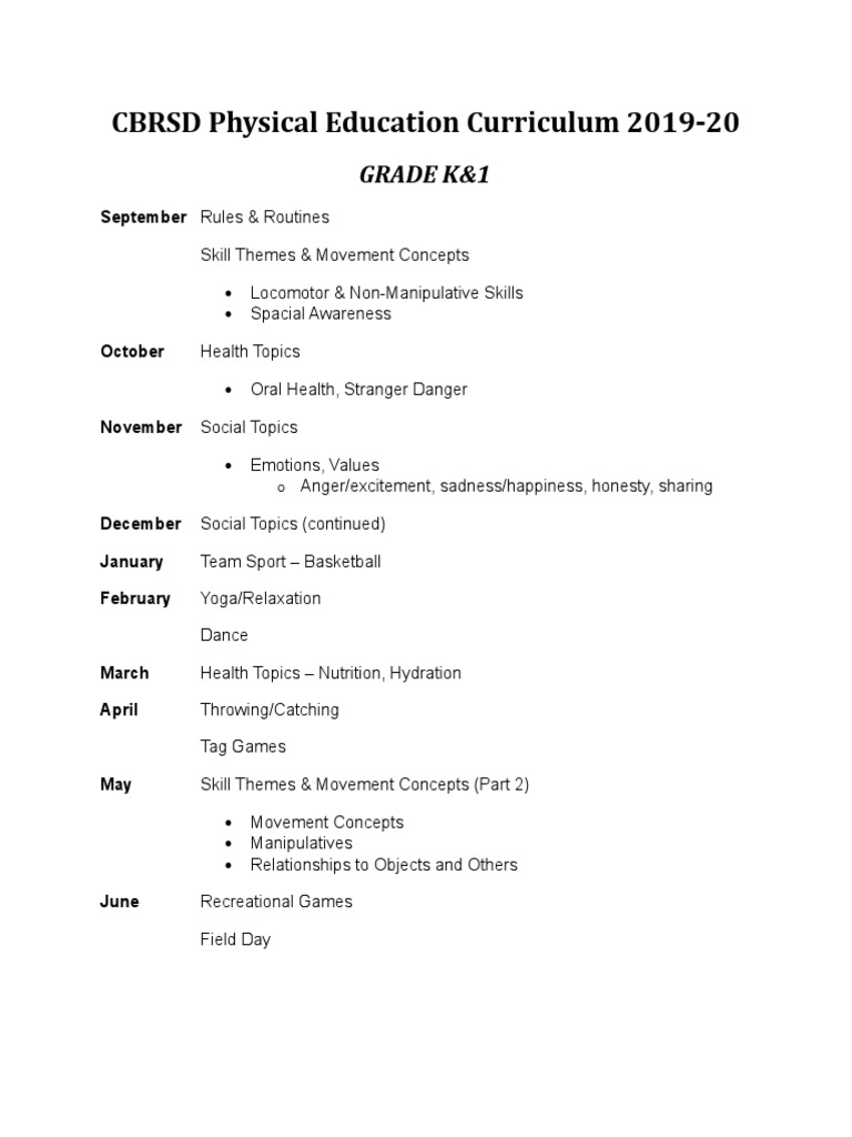 CBRSD Physical Education Curriculum 2019-20: Grade K&1 | PDF | Career ...