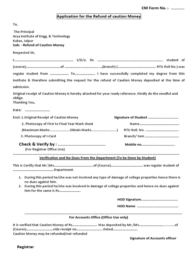 Application For The Refund of Caution Money PDF | PDF | Business