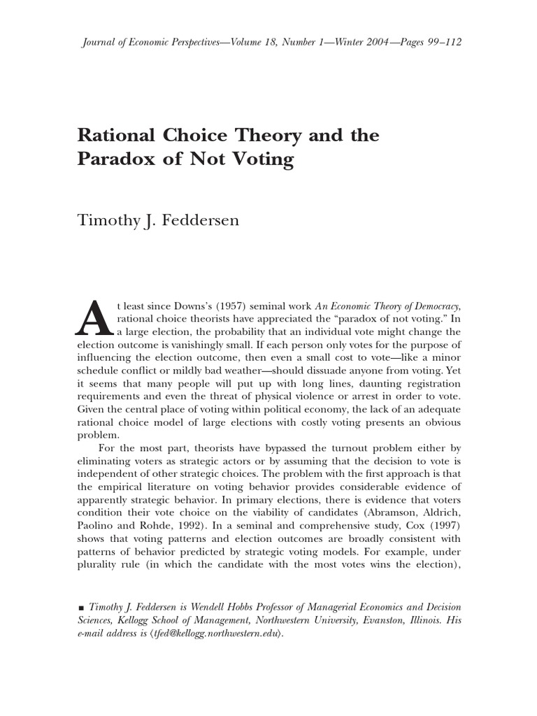 Rational Choice Theory and The Paradox of Not Voting: Timothy J ...